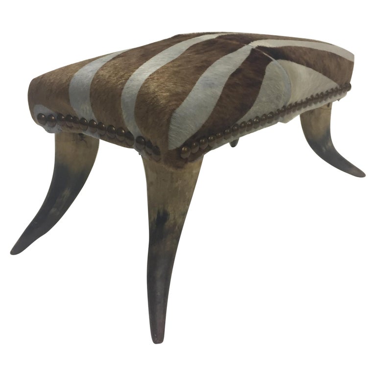 Stylish Antique Horn Footstool with Cowhide Zebra Upholstery at 1stDibs