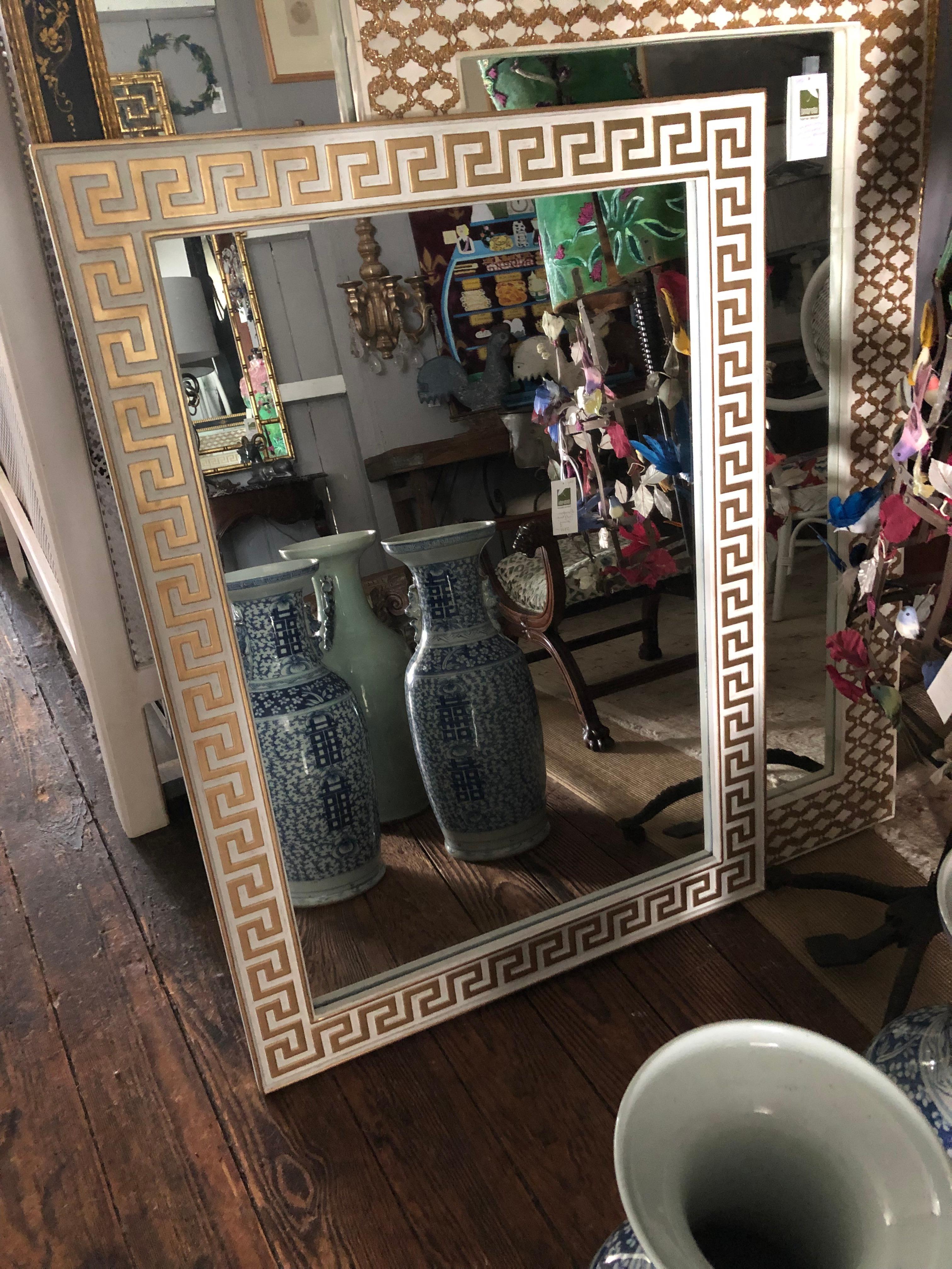 Stylish Cream and Gold Greek Key Decorated Mirror For Sale at 1stDibs