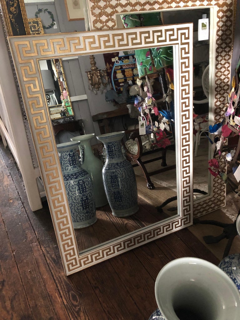 Stylish Cream and Gold Greek Key Decorated Mirror For Sale at 1stDibs