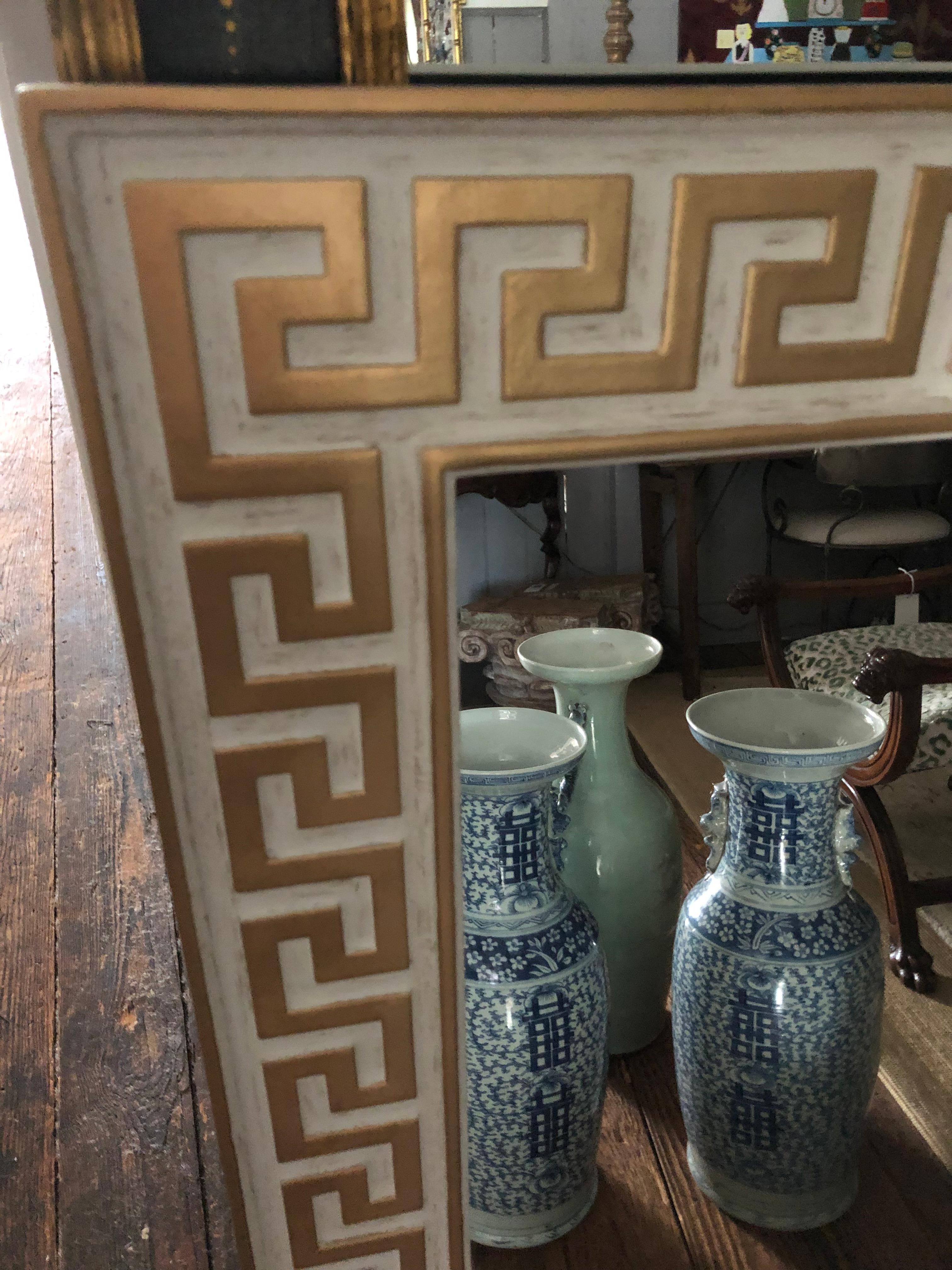 Stylish Cream and Gold Greek Key Decorated Mirror For Sale at 1stDibs