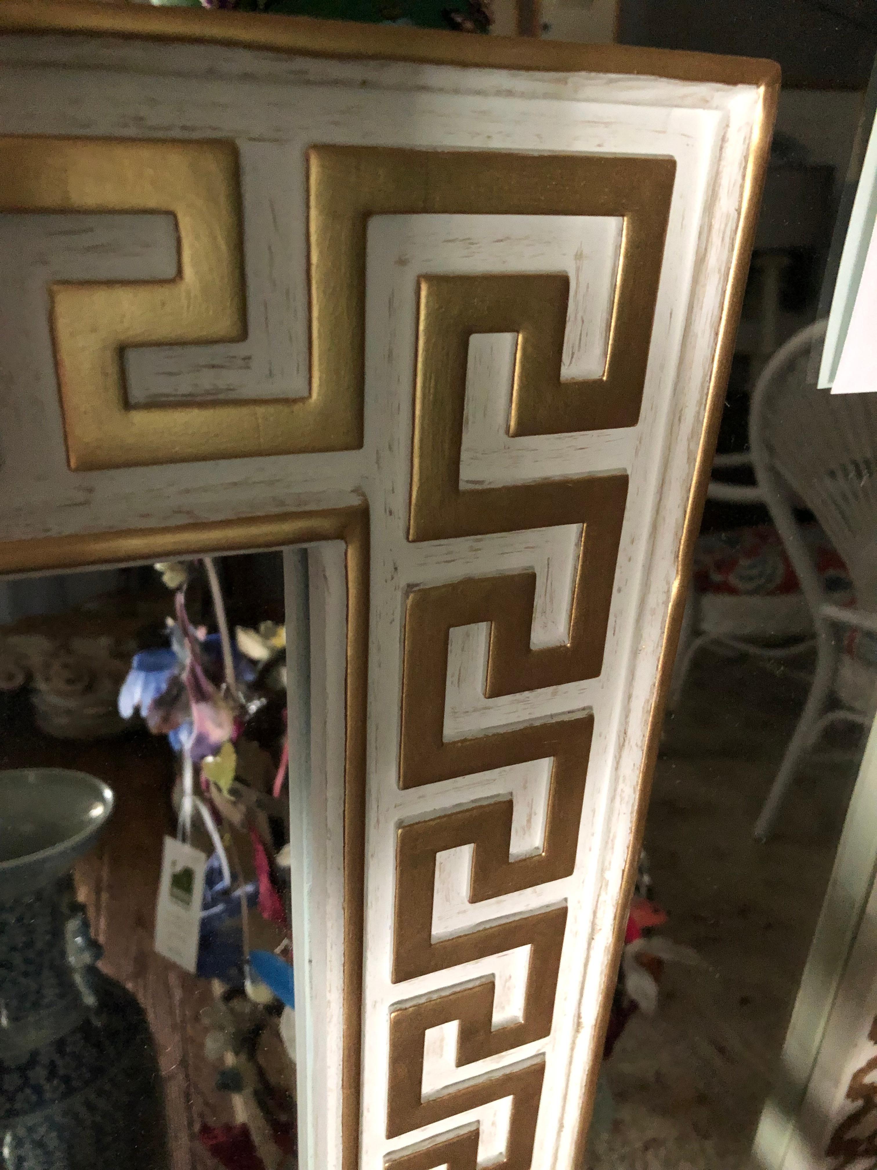 Stylish Cream and Gold Greek Key Decorated Mirror For Sale at 1stDibs