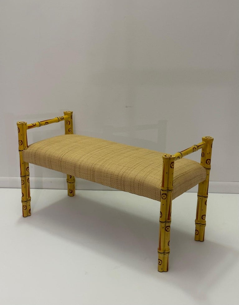 Stylish Faux Bamboo Bench with New Raffia Upholstery For Sale at 1stDibs