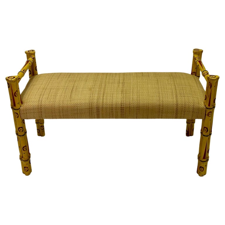 Stylish Faux Bamboo Bench with New Raffia Upholstery For Sale at 1stDibs