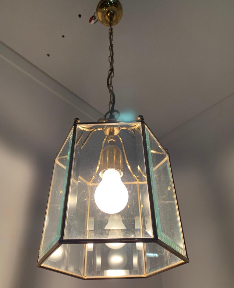 Stylish Late 20th Century Brass and Beveled Glass Hexagonal Pendant ...