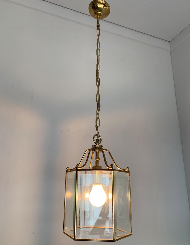 Stylish Late 20th Century Brass and Beveled Glass Hexagonal Pendant ...