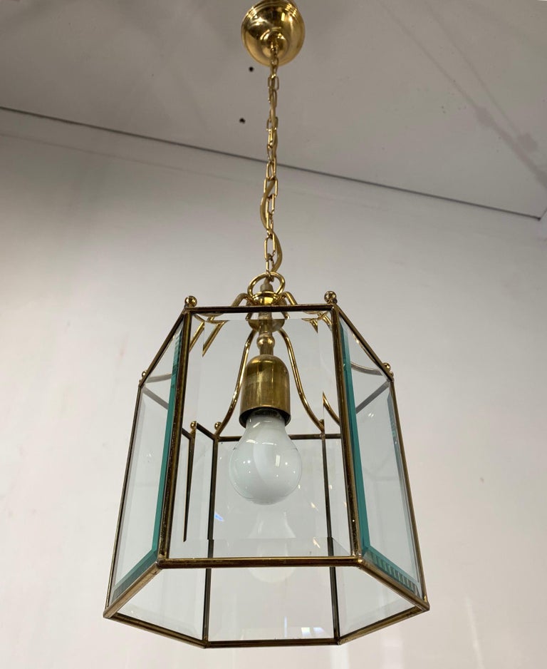 Stylish Late 20th Century Brass and Beveled Glass Hexagonal Pendant ...