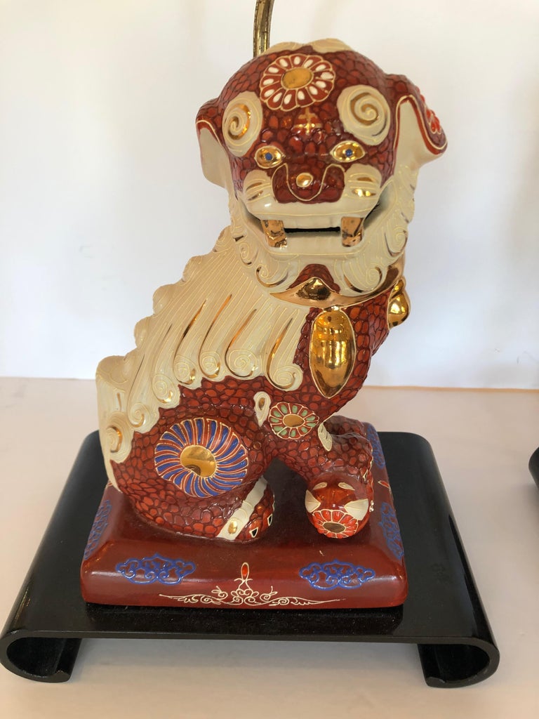 Stylish Pair of Asian Foo Dog Table Lamps on Waterfall Black Lacquer ...