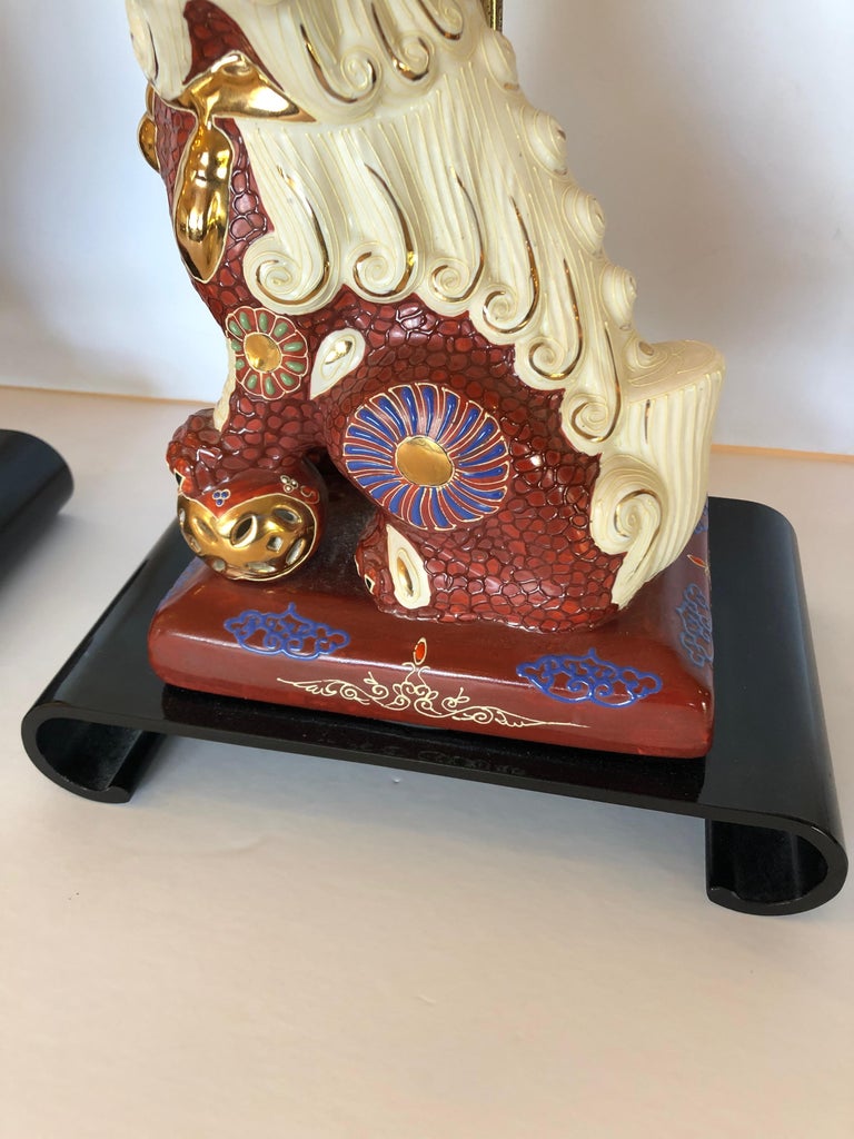 Stylish Pair of Asian Foo Dog Table Lamps on Waterfall Black Lacquer ...