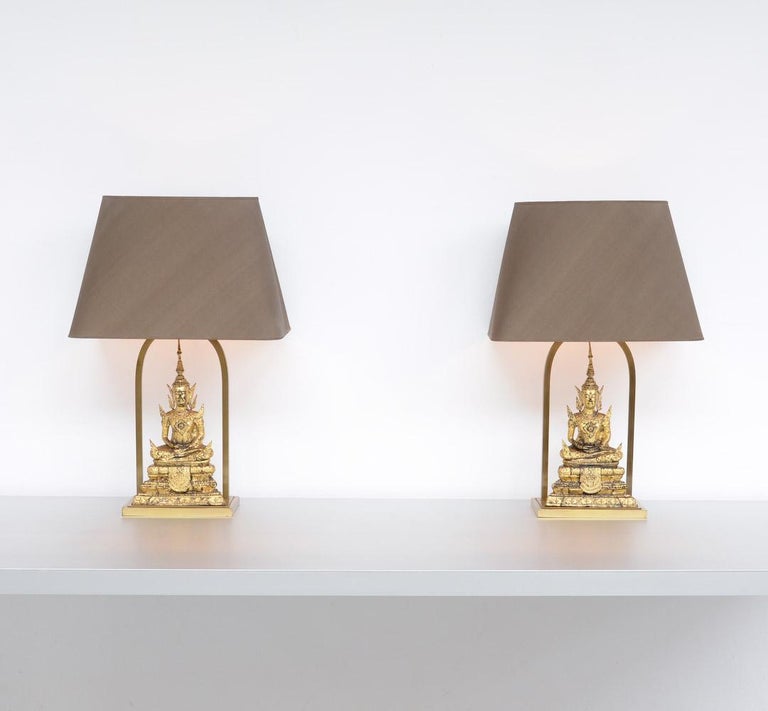 Stylish Pair of Gilded Bronze Buddha Table Lamps For Sale at 1stDibs