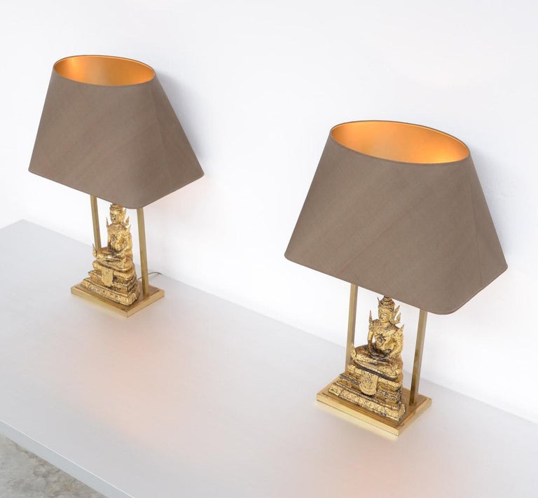 Stylish Pair of Gilded Bronze Buddha Table Lamps For Sale at 1stDibs