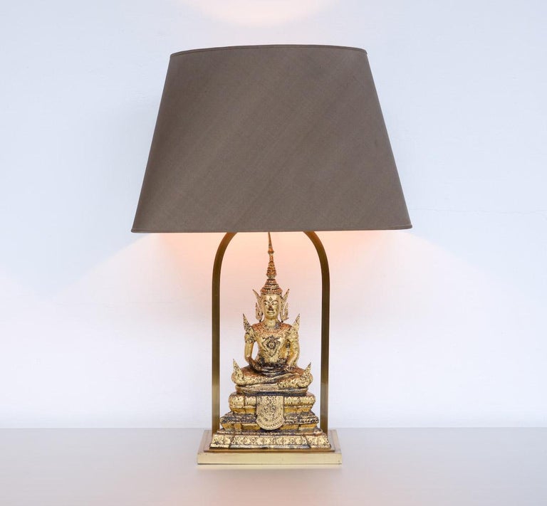 Stylish Pair of Gilded Bronze Buddha Table Lamps For Sale at 1stDibs