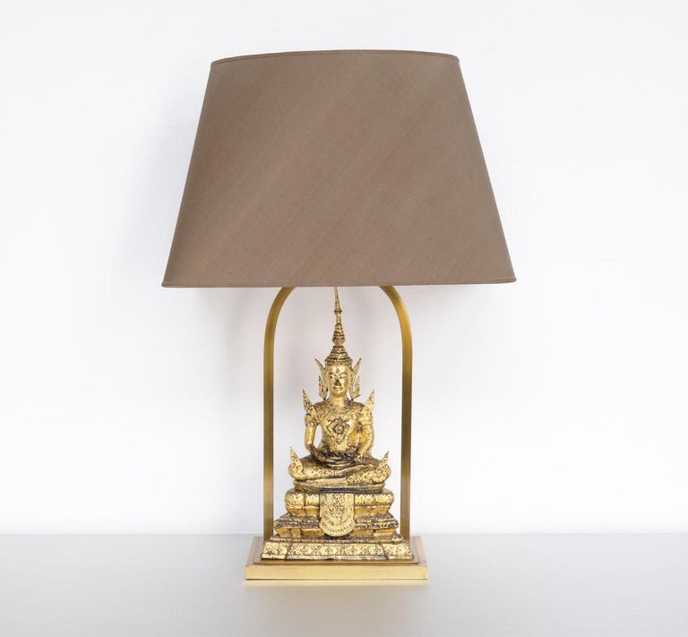 Stylish Pair of Gilded Bronze Buddha Table Lamps For Sale at 1stDibs