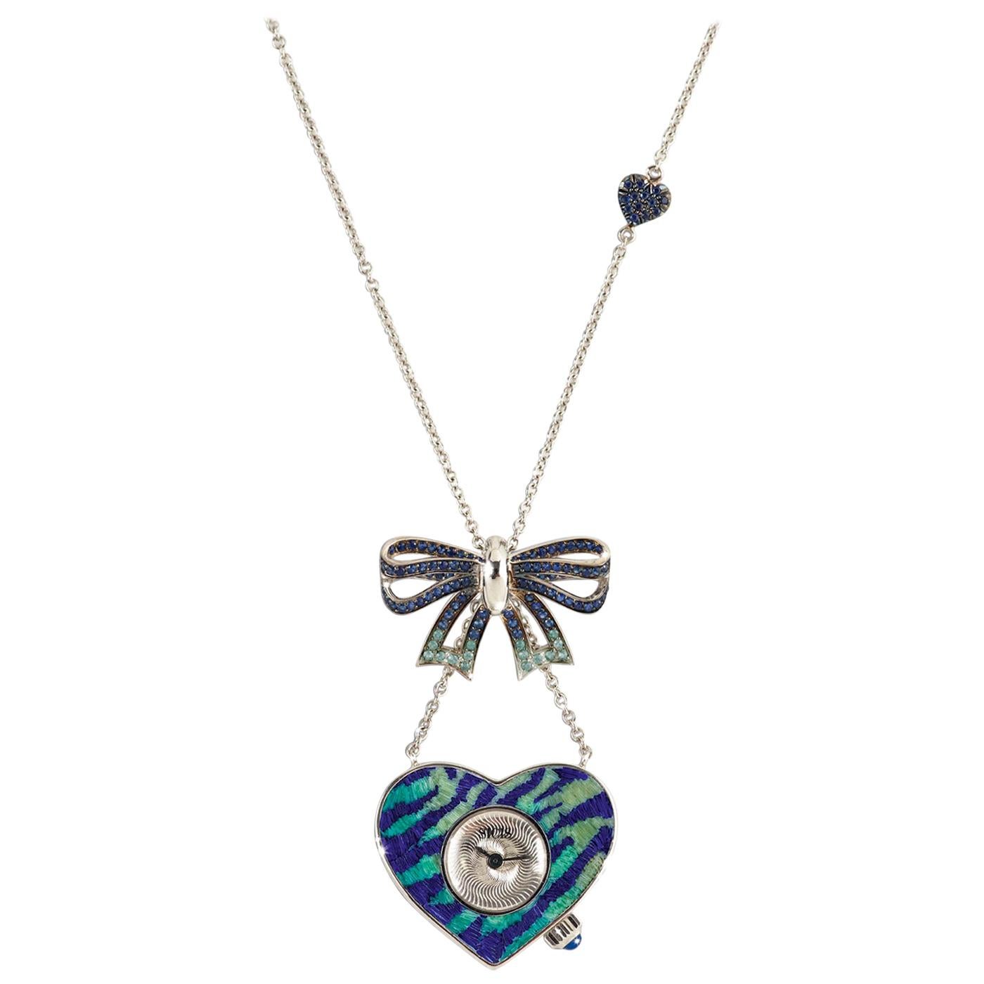 Stylish Quartz Watch Necklace White Gold Sapphires Emerald Decorate ...