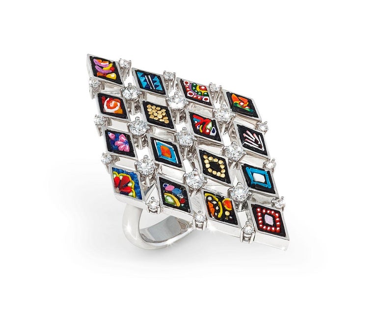 Stylish Ring White Gold White Diamonds Hand Decorated with Micro Mosaic ...