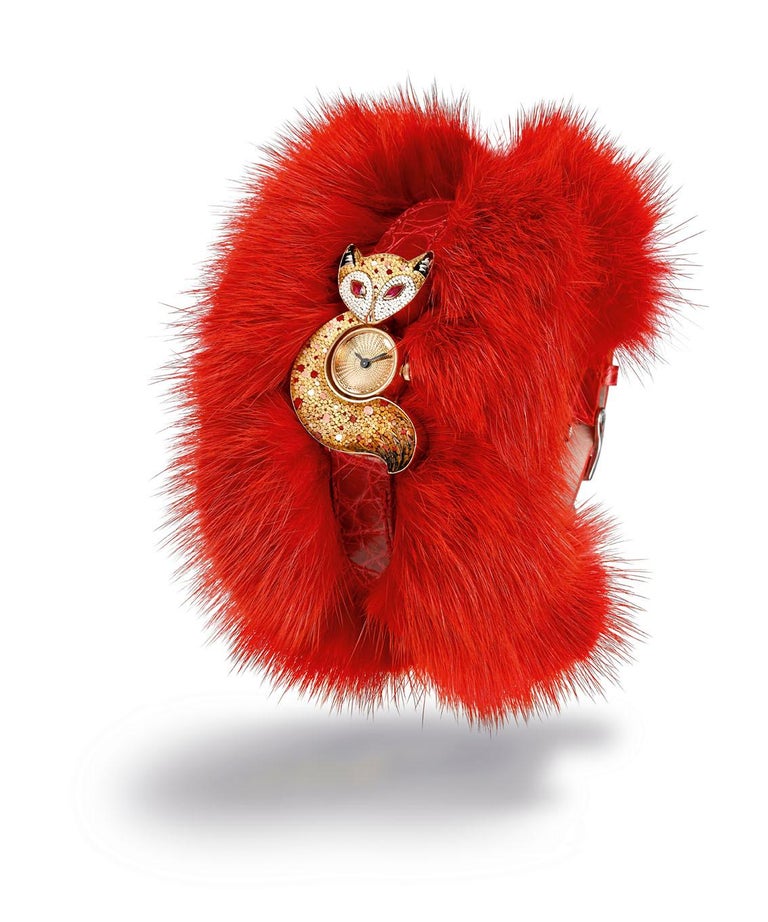 Stylish Watch Gold Ruby Alligator and Fur Strap Hand Decorated with ...