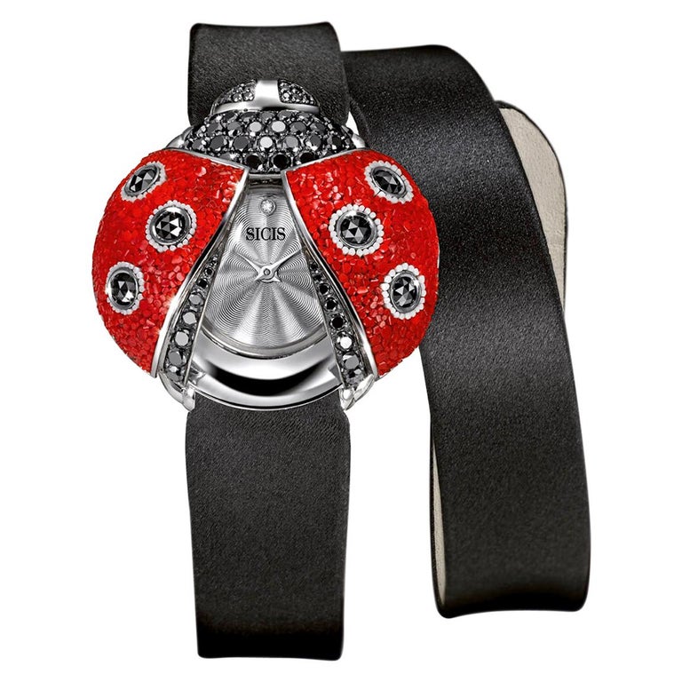 Stylish Watch White Gold Black Diamonds Guilloche Dial Silk Strap Micro ...