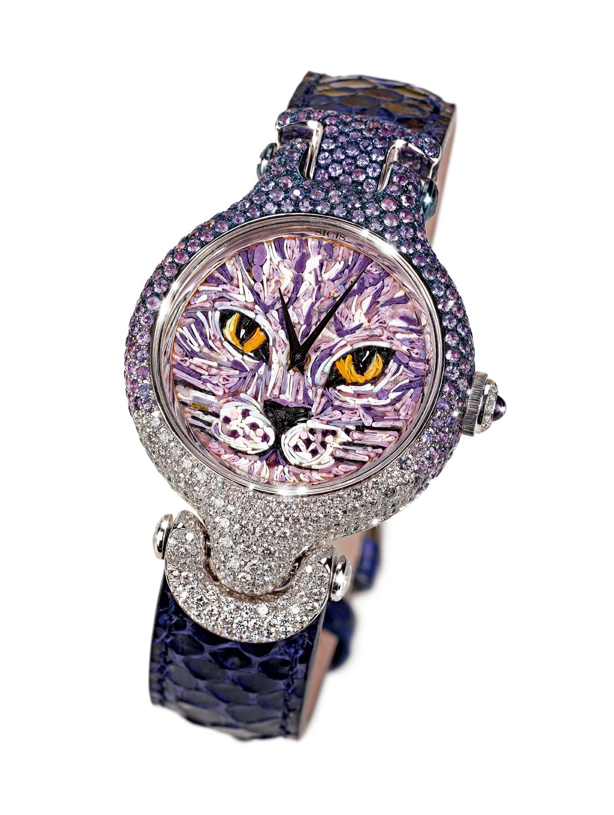 Stylish Watch White Gold White Diamonds Sapphires Python Strap Micro ...