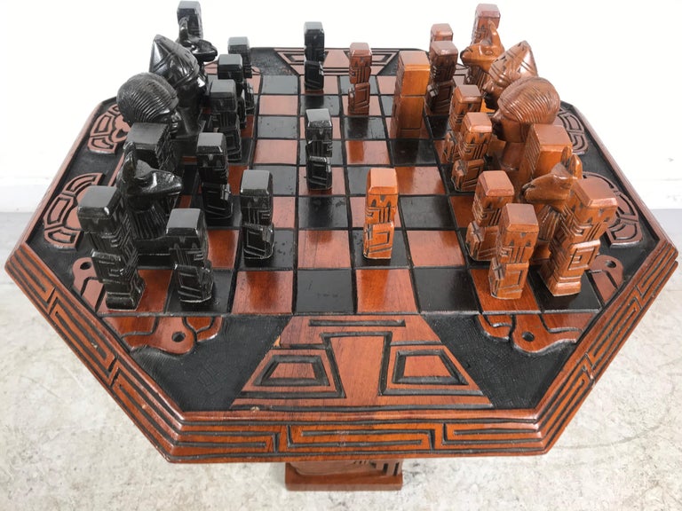 Stylized Modernist Aztec Hardwood Carved Chess Set, South America, Teki ...
