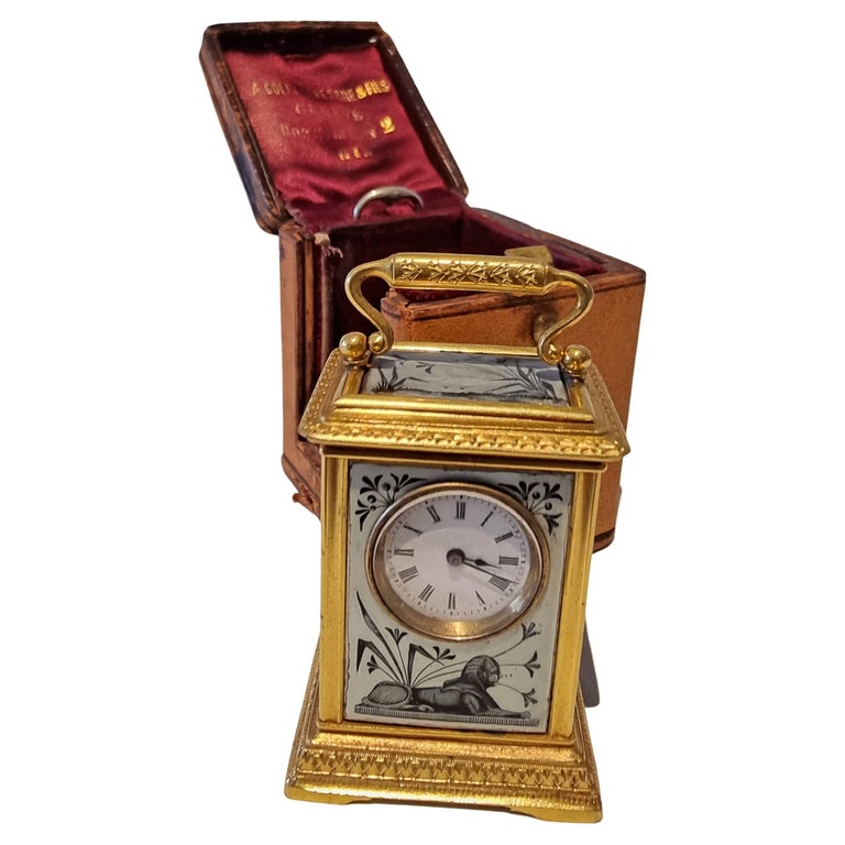 Sub Miniature Gilt Bronze and Enamel Carriage Clock in Original Case ...