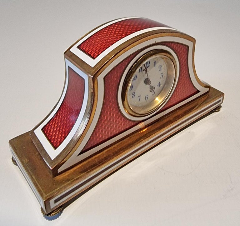Sub Miniature Red Guilloche Enamel and Gilt Bronze Boudoir Clock For ...