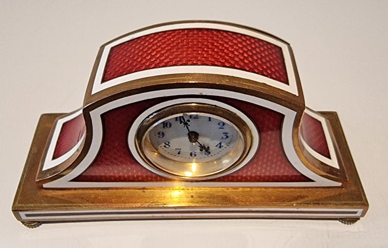 Sub Miniature Red Guilloche Enamel and Gilt Bronze Boudoir Clock For ...