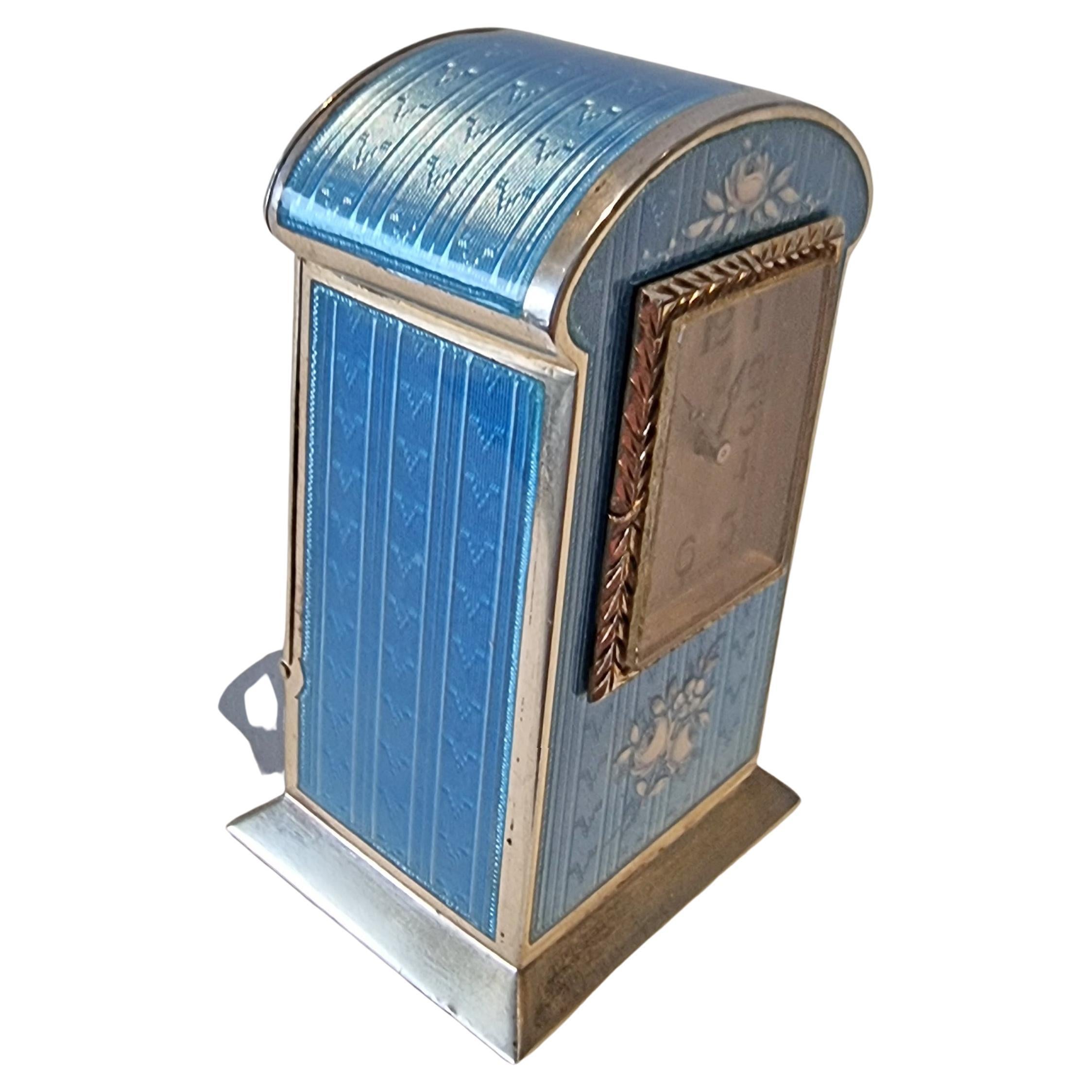 Sub Miniature Silver and Blue Guilloche Enamel Carriage or Boudoir ...