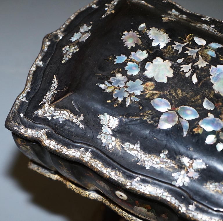 Sublime Victorian Mother of Papier Mâché Hand Painted Sewing Work Box ...