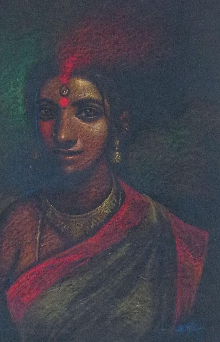 Subrata Das - She-I, Bath, Pastel on paper, Red, Pink, Green by Indian ...
