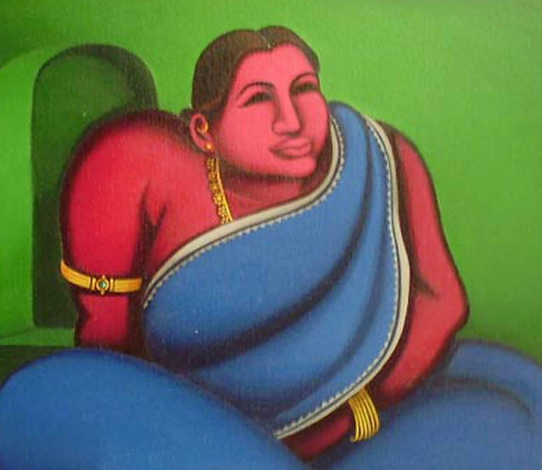 Subrata Saha - Motia, Women, Painting, Oil on canvas, Blue, Green, Red ...