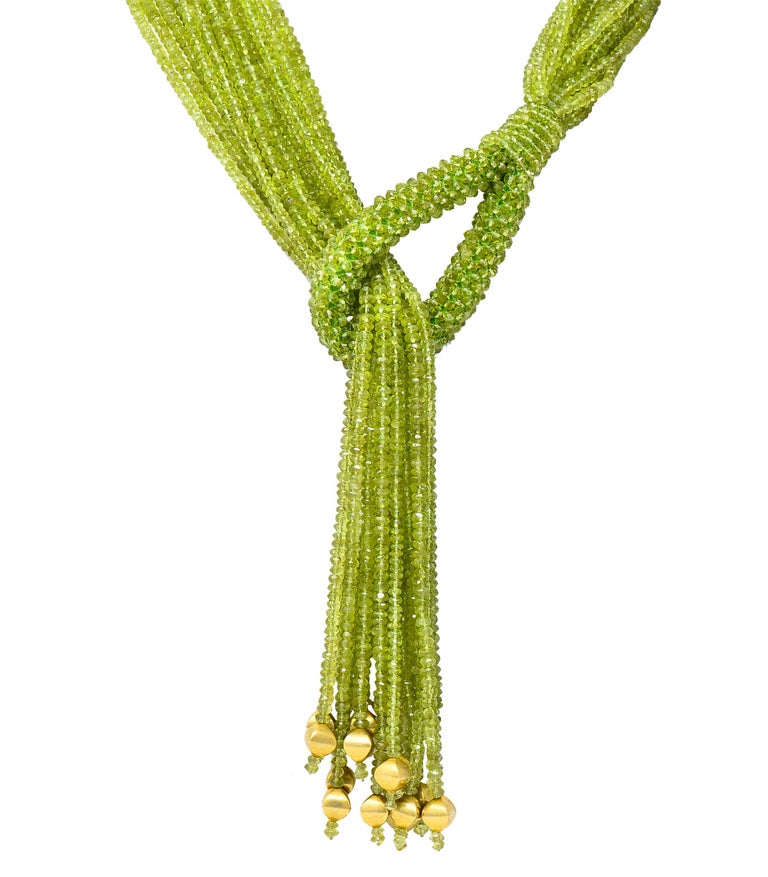 Substantial Peridot 18 Karat Yellow Gold Beaded Multi Strand Lariat Necklace For Sale At 1stdibs