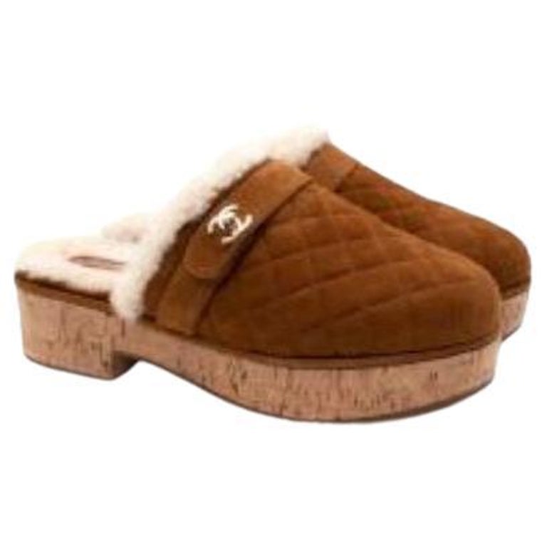 Suede Shearling Lined Tan Quilted Clogs For Sale at 1stDibs