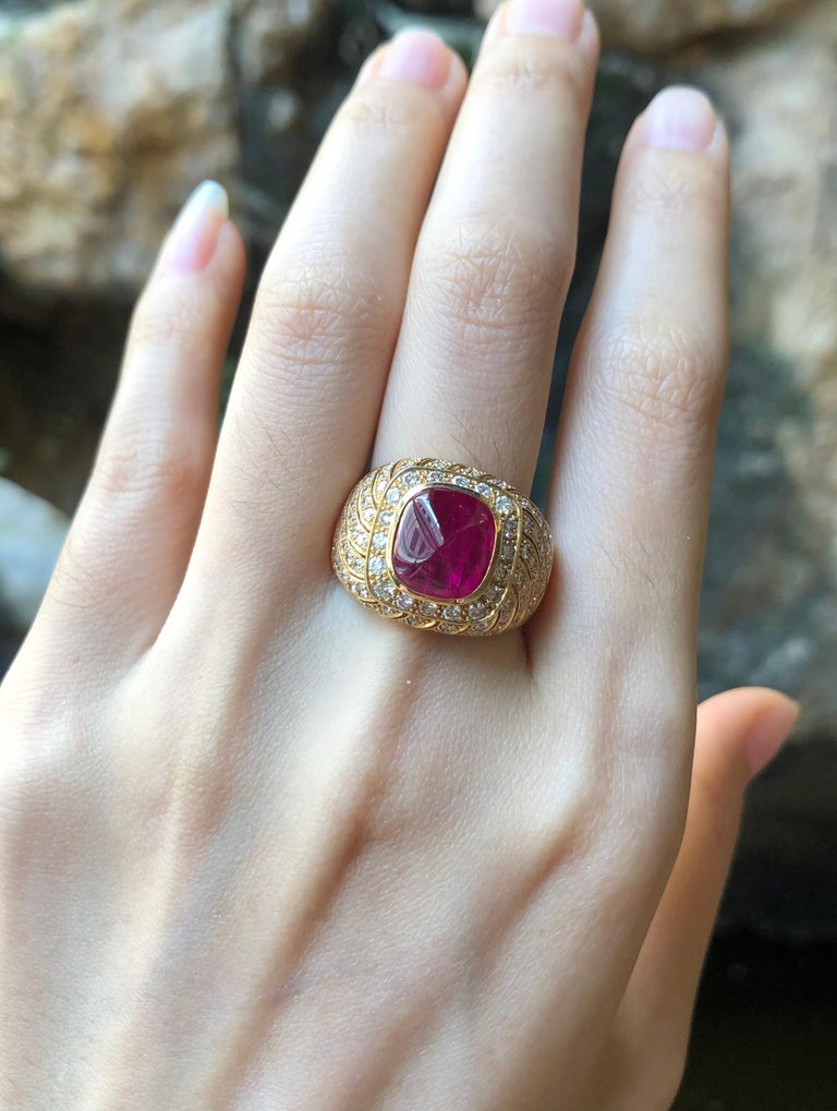 Sugar Loaf Cut Ruby with Brown Diamond Ring Set in 18 Karat Gold ...
