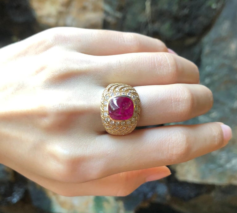 Sugar Loaf Cut Ruby with Brown Diamond Ring Set in 18 Karat Gold ...