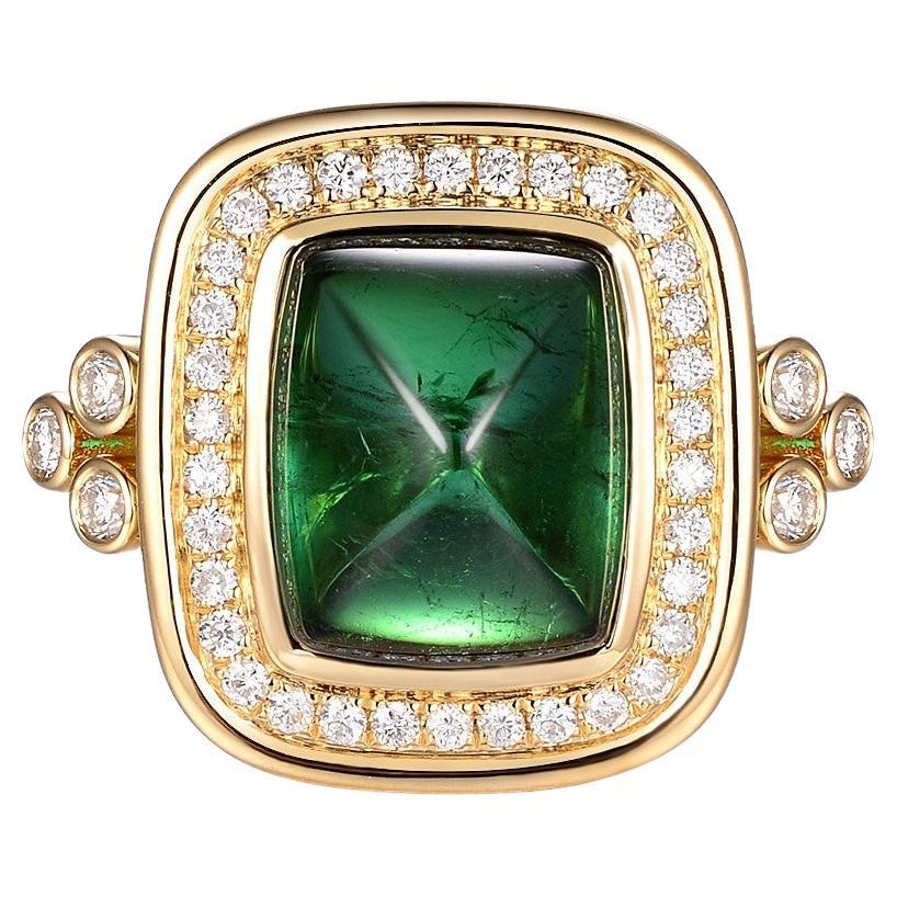 Sugarloaf Cabochon Green Tourmaline Diamond Cocktail Ring in 18k Yellow ...