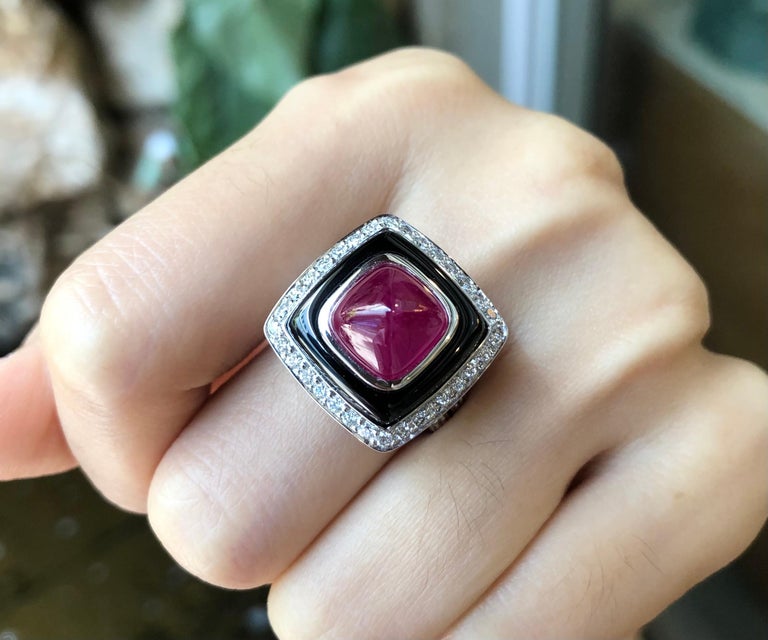 Sugarloaf Cut Ruby, Onyx and Diamond Ring Set in 18 Karat White Gold ...
