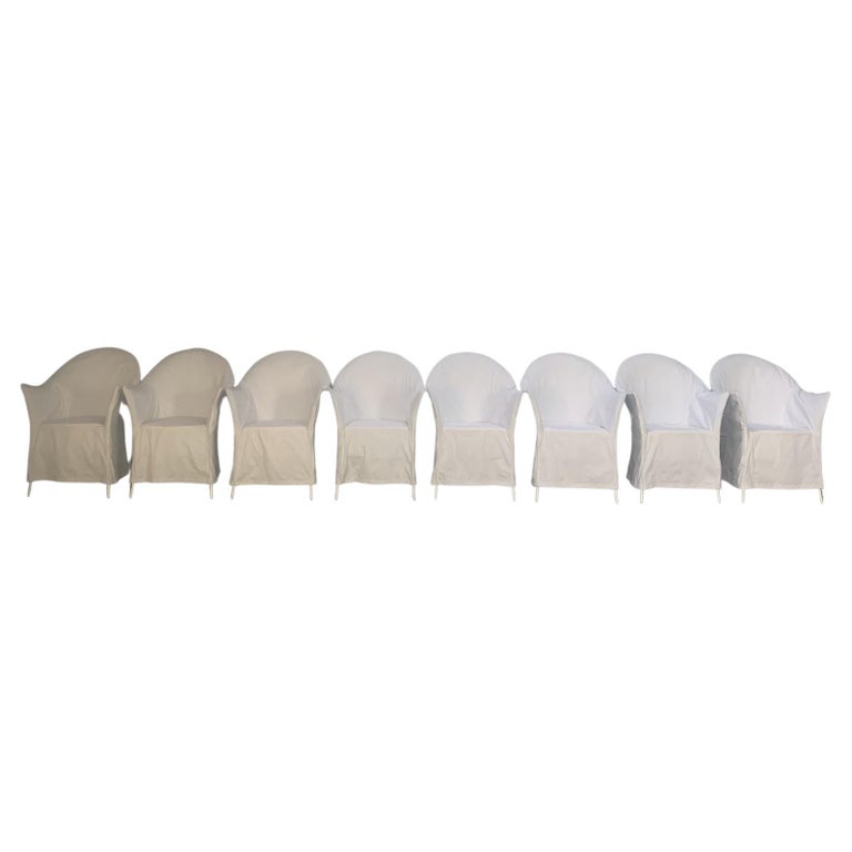 Suite of 8 Driade “Lord Yo” Outdoor Dining Chairs with White Cotton ...