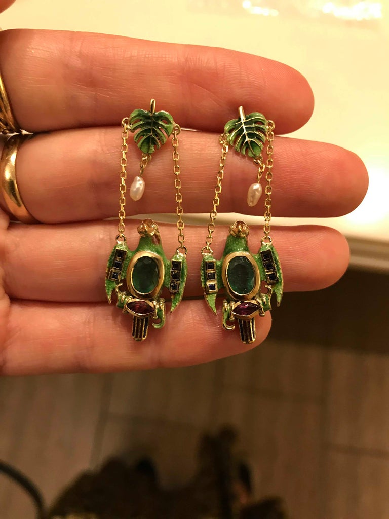 Suki Earrings with Enamel, Ruby, Emerald, Diamond, Pearl, 18 Karat ...