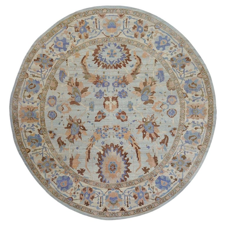 Sultanabad Master 11x11 Light Blue and Light Orange Round Handmade Area ...