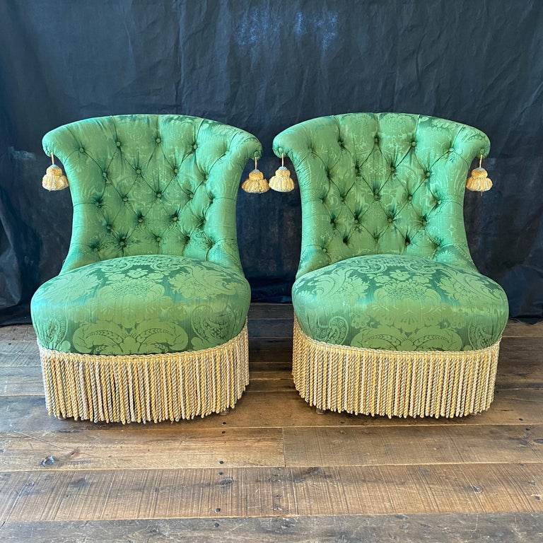 Sumptuous Pair of French Napoleon II Green Silk Tufted Slipper Chairs ...