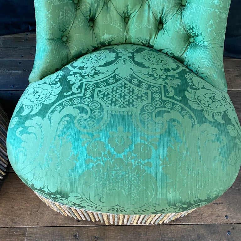 Sumptuous Pair of French Napoleon II Green Silk Tufted Slipper Chairs ...