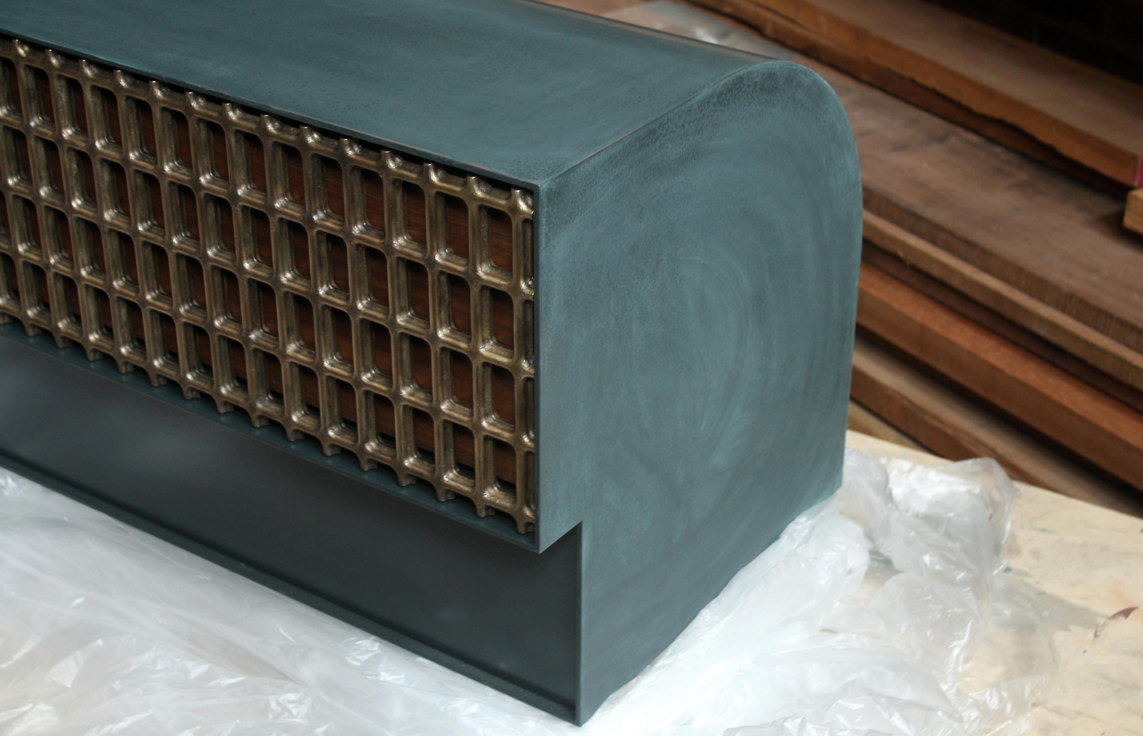 Sunbreaker Bench in Emerald Green painted Steel with Bronze Lattice and ...