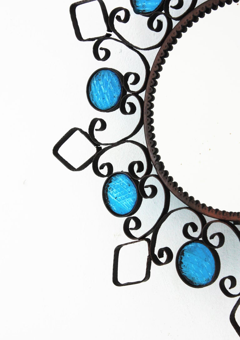 Sunburst Backlit Mirror / Wall Light Fixture in Wrought Iron and Blue ...