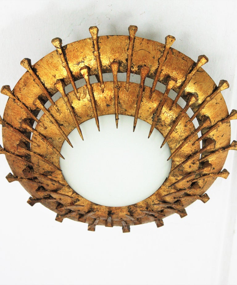 Sunburst Brutalist Light Fixture in Gilt Iron and Milk Glass, Nail ...