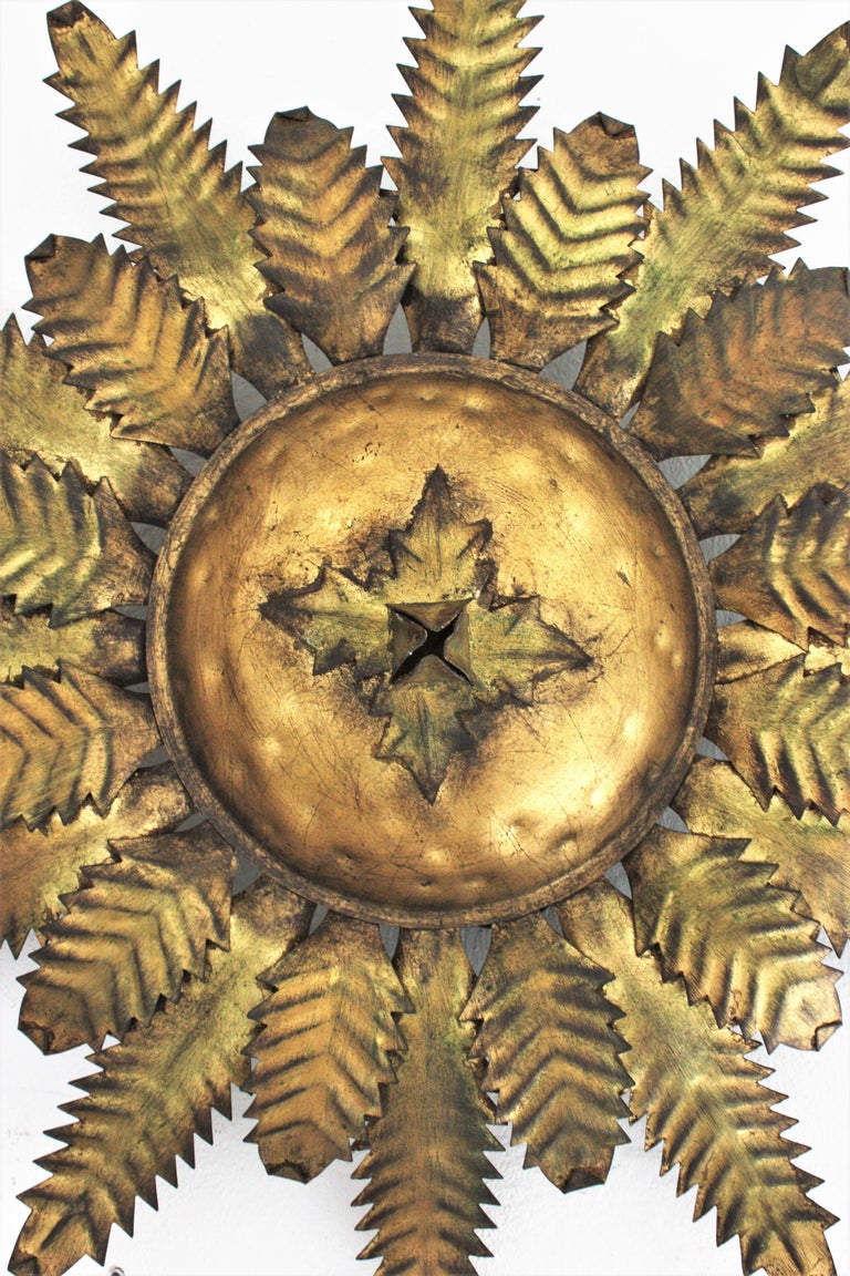 Sunburst Brutalist Light Fixture in Gilt Metal with Flower Motif For ...