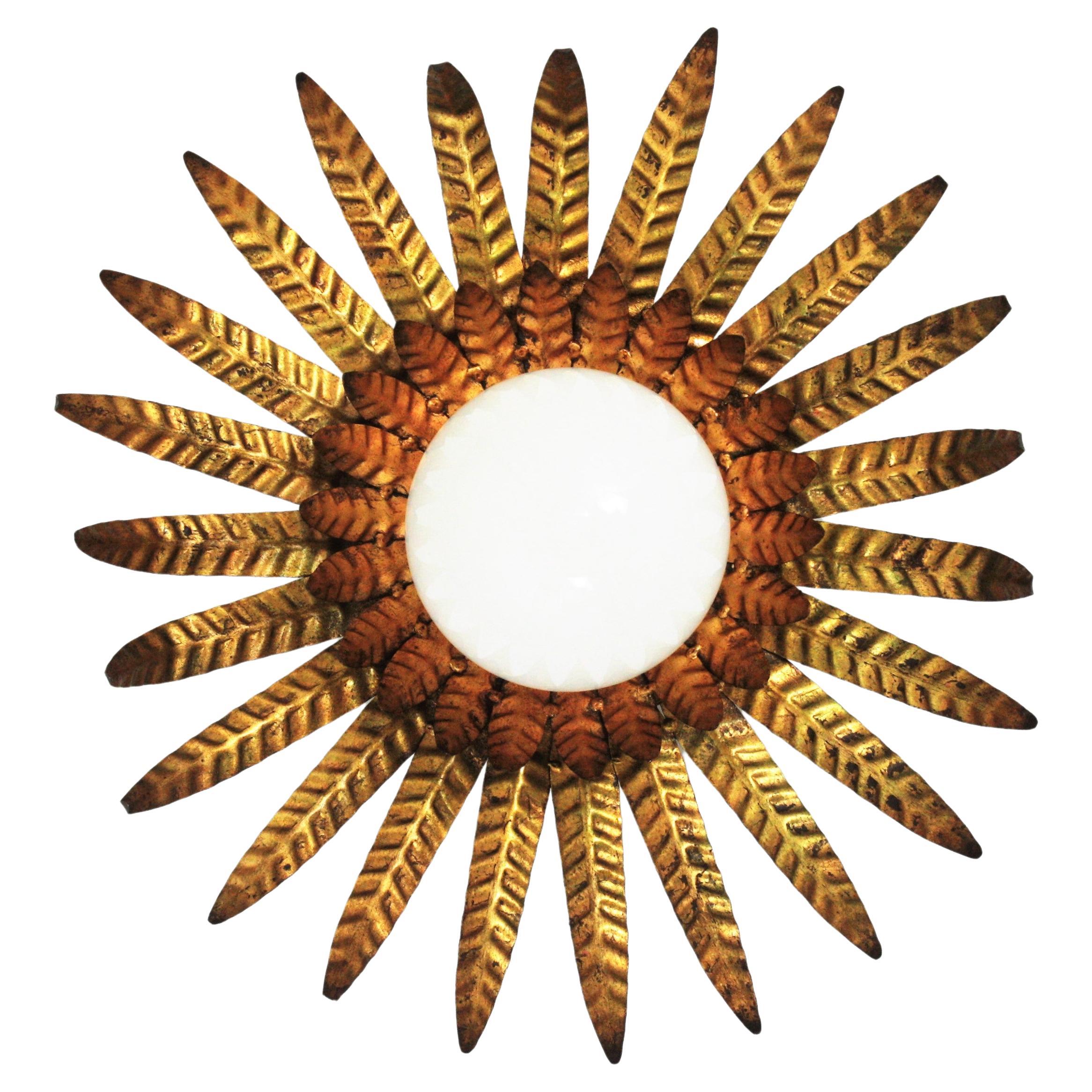 Sunburst Ceiling Light Fixture in Gilt Iron with Milk Glass Globe at ...