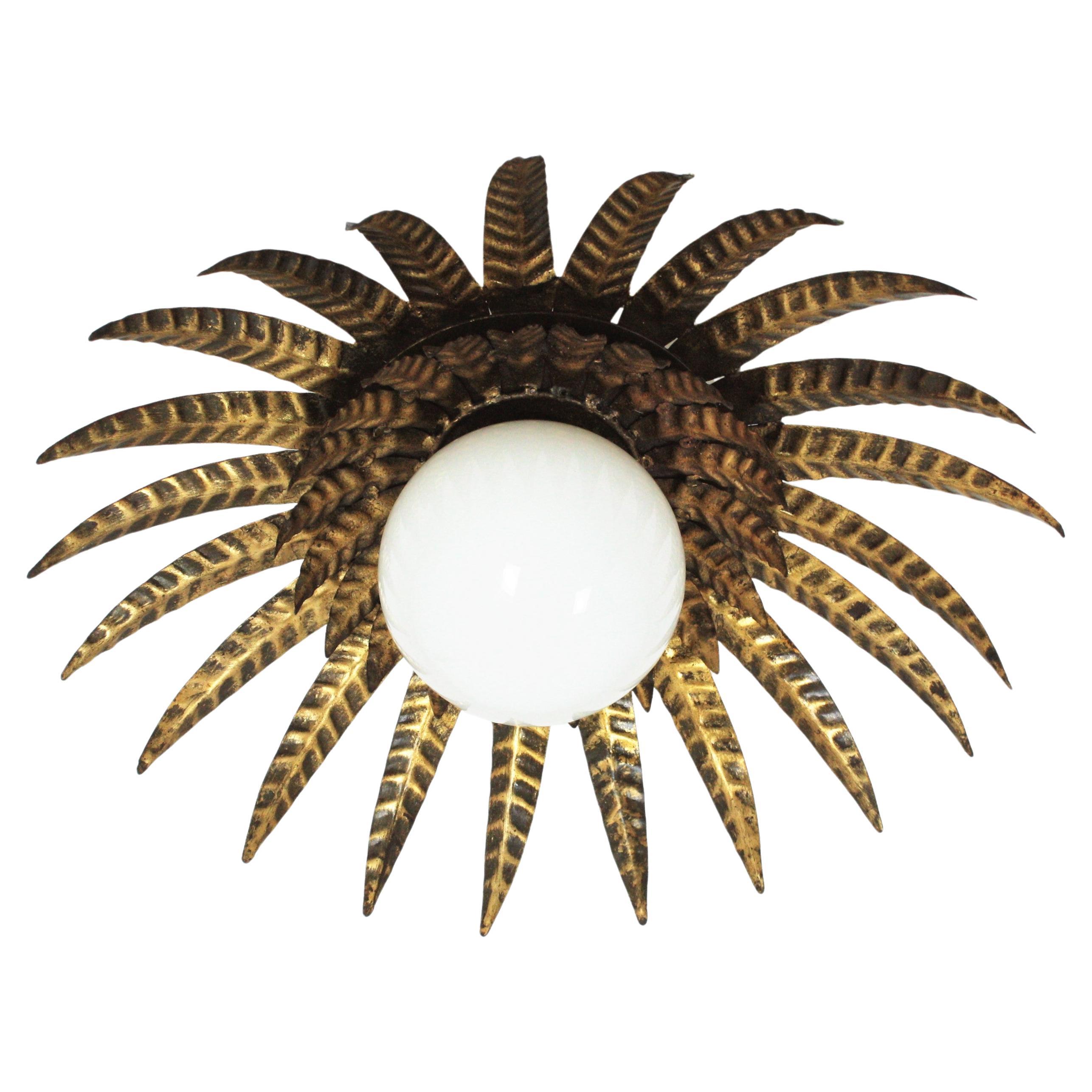 Sunburst Ceiling Light Fixture in Gilt Iron with Milk Glass Globe at ...