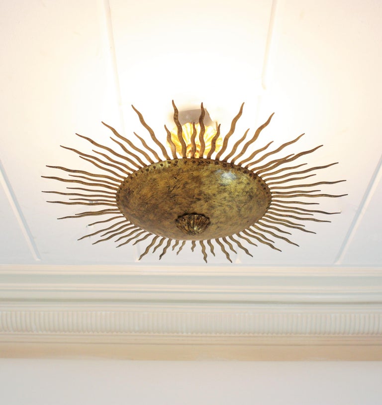 Sunburst Curly Ceiling Light Fixture / Chandelier in Gilt Iron For Sale ...