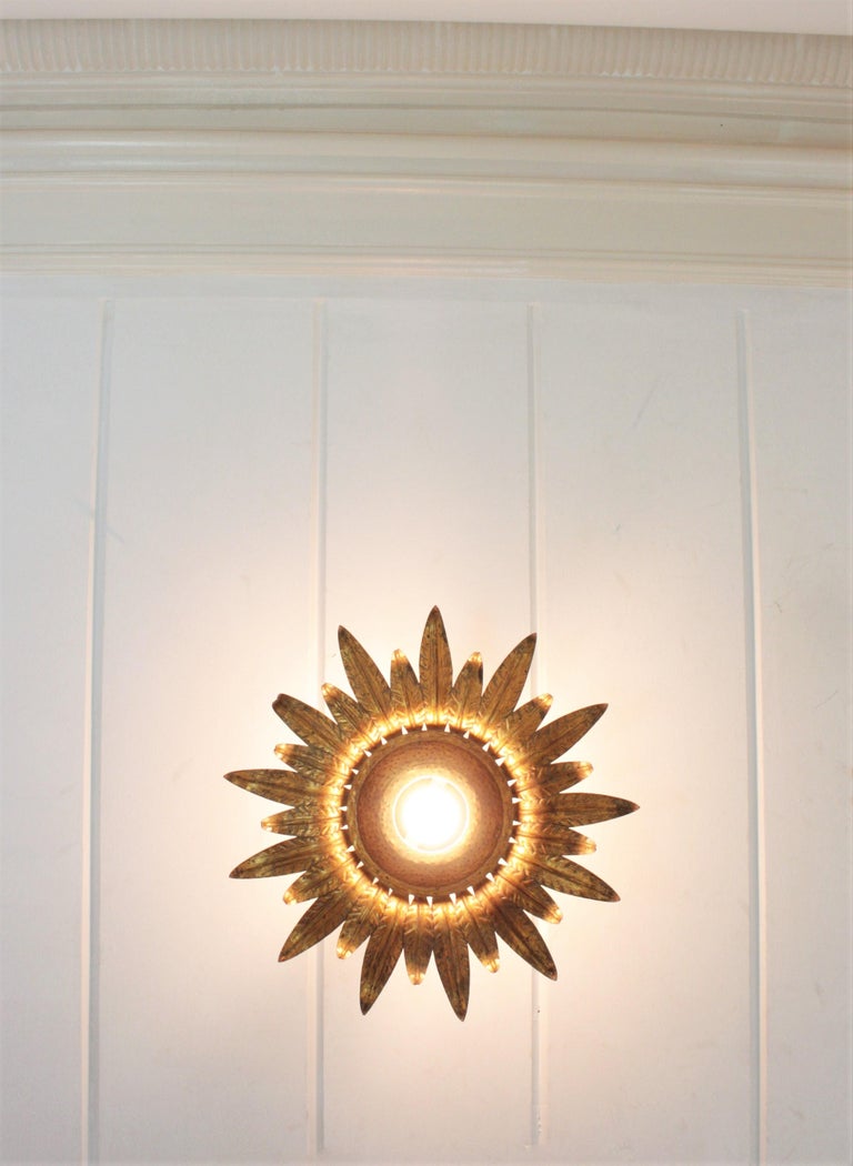 Sunburst Flower Light Fixture Flush Mount in Gilt Iron For Sale at 1stDibs