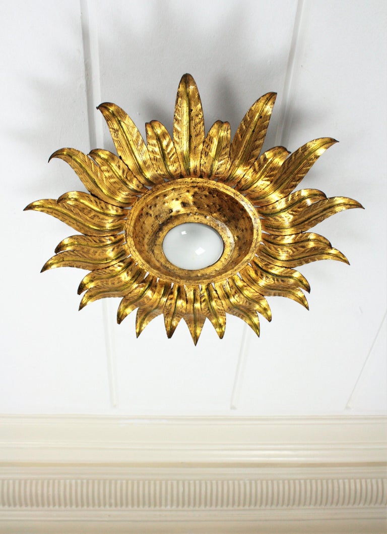 Sunburst Flower Light Fixture Flush Mount in Gilt Iron at 1stDibs