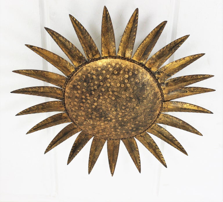 Sunburst Light Fixture in Gilt Iron by Ferro Art, 1950s at 1stDibs